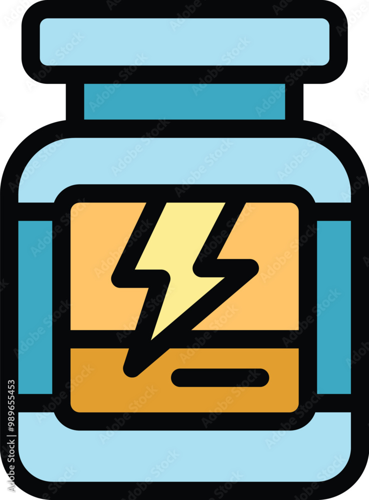 Cartoon style icon depicting a bottle of whey protein powder, promoting ...