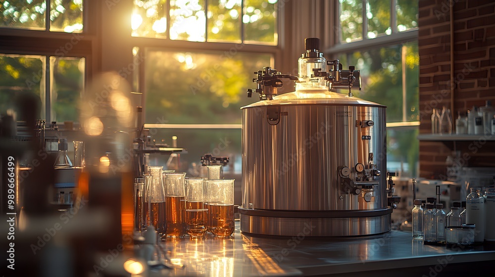 A sleek stainless steel tank amidst assorted laboratory glassware ...