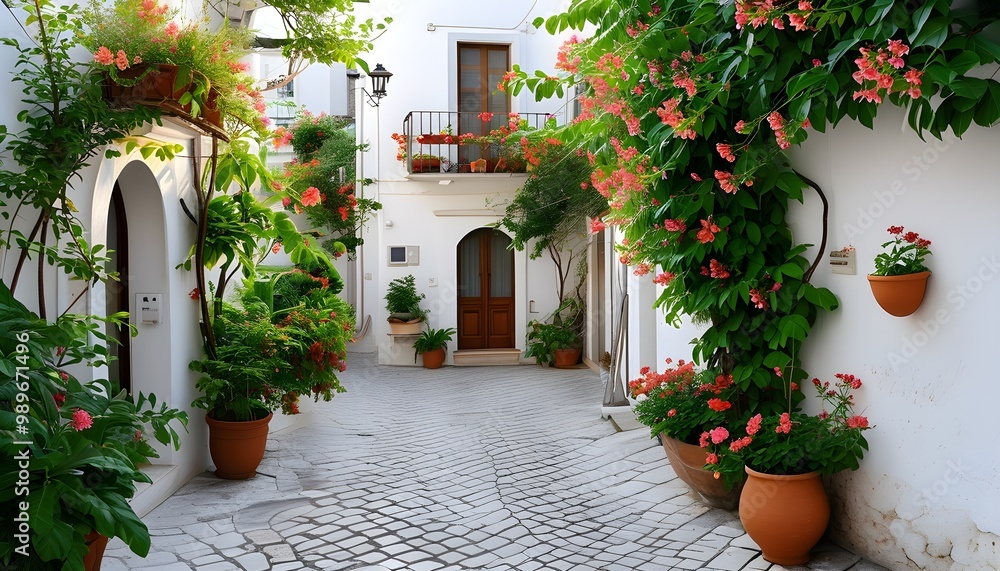 Serene morning scene of a charming black and white narrow alley in ...