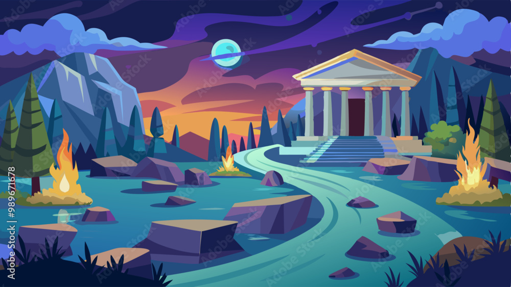 Broken ancient temple building at night. Old greek or roman ...