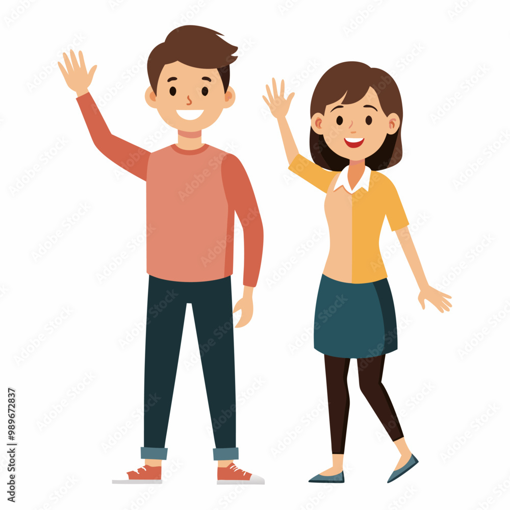 Waving hand welcome people vector illustration. Young man and woman say ...