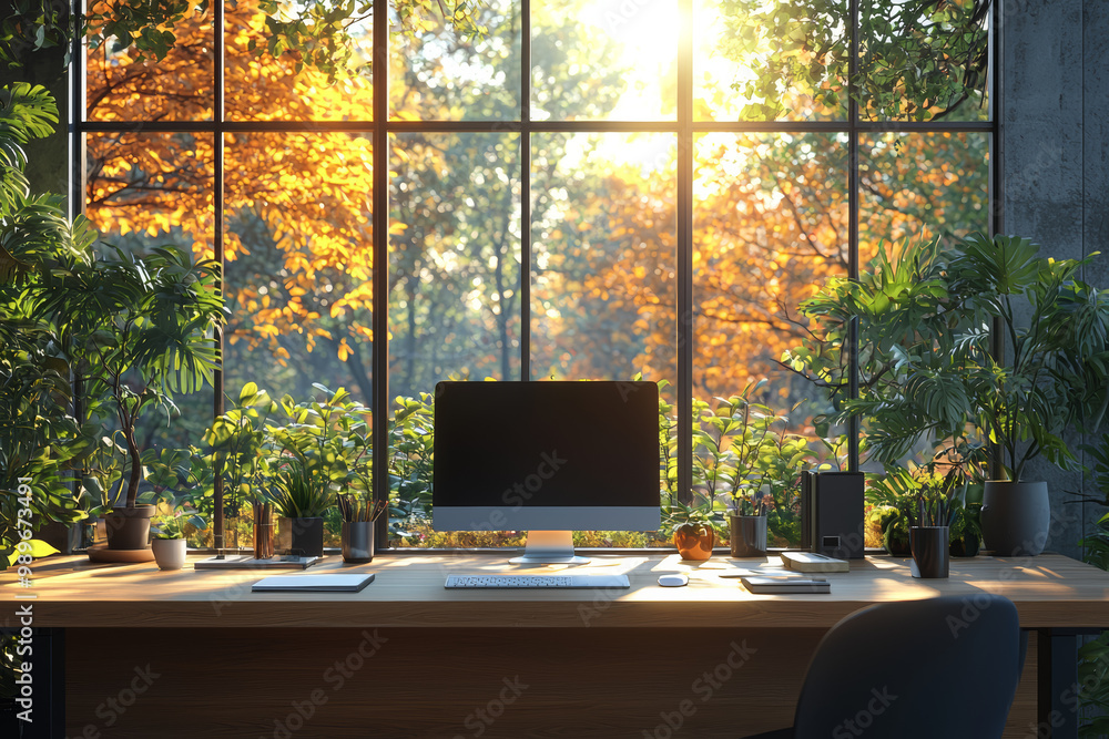 An office with a simple, uncluttered desk and a large window view ...