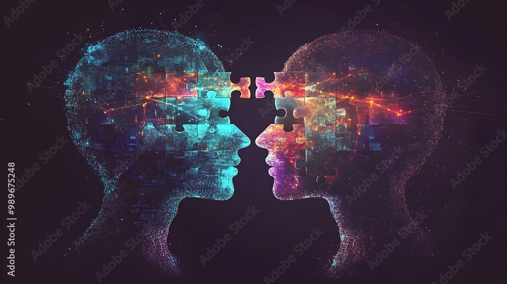 Silhouettes of two heads with interlocking puzzle pieces inside ...