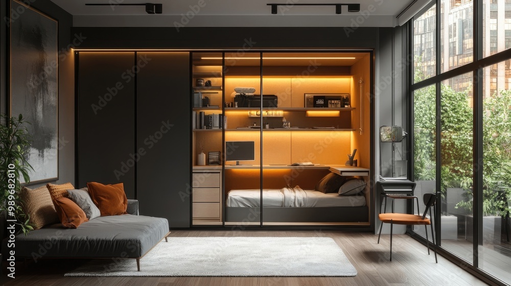 A multipurpose wardrobe with sliding doors, integrated desk, and fold ...