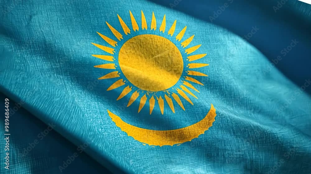 Waving proudly, the Kazakh flag displays its striking blue background ...