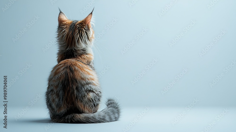 Cat sitting upright, back view on clean white background emphasizes the ...
