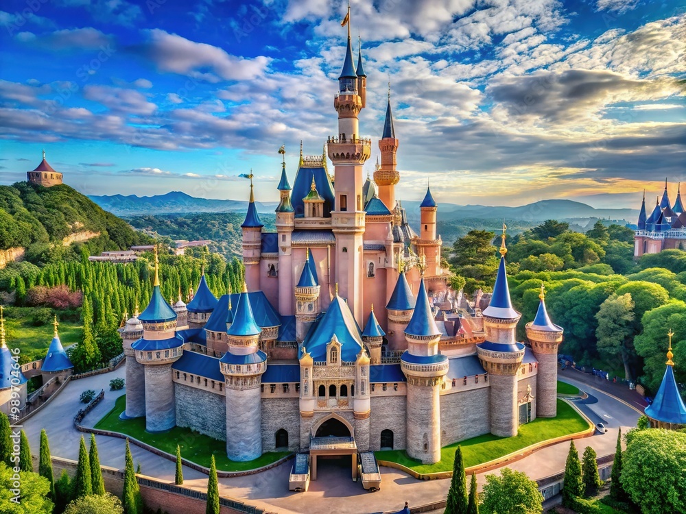 Majestic fairy-tale castle stands proudly in the center of a bustling ...