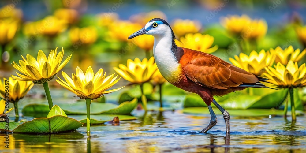 Vibrant African Jacana Bird With Striking Yellow Wattles Wades ...