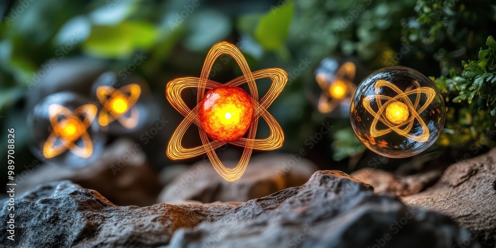 Glowing Atomic Models In Nature Vibrant Visualization Of Atomic Structure In A Natural Setting