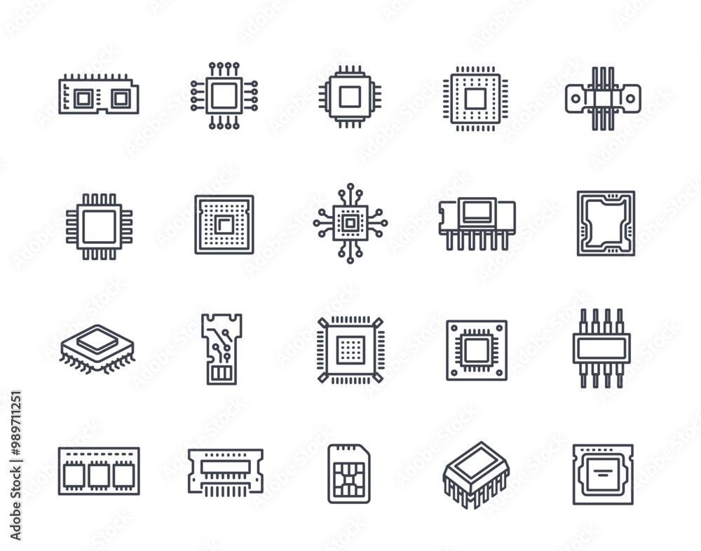 Set of Electronics Related line Icon. Simple symbols with microchip ...