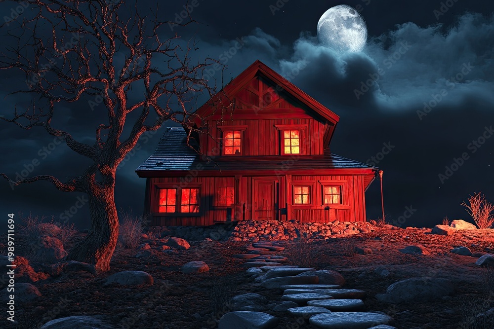 luxury red haunted two storey house with sloping wooden walls, dry ...