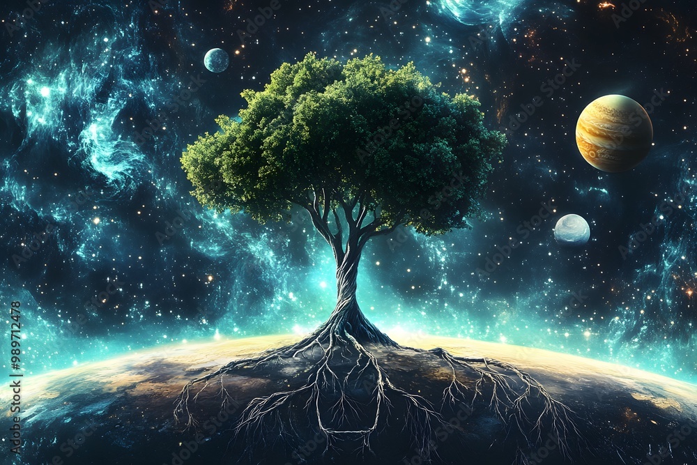 a tree growing in space, with its roots reaching toward planets and ...