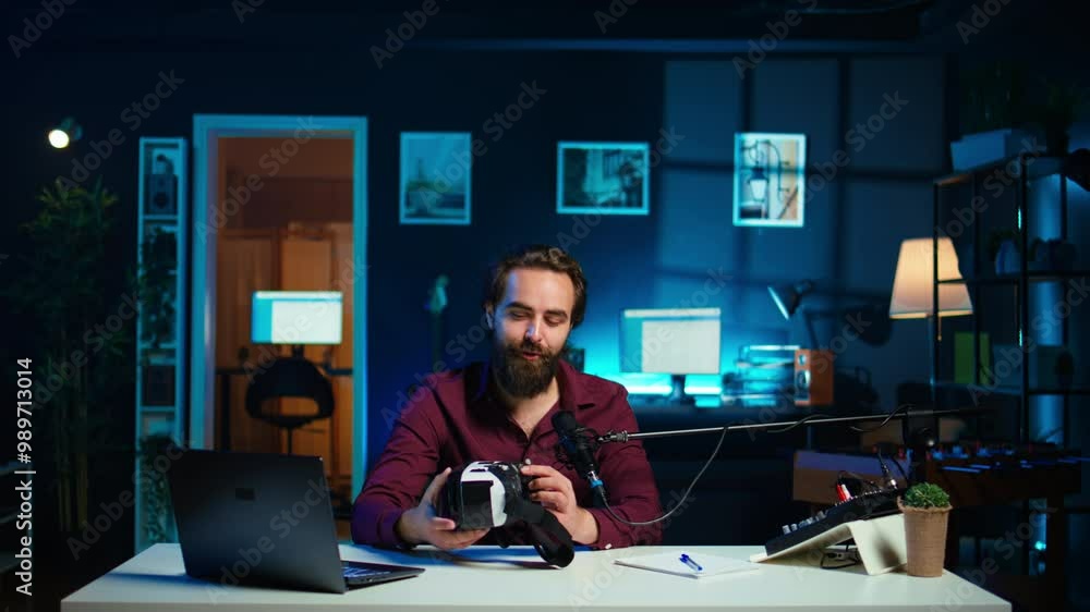 Tech vlogger reviewing VR goggles in neon lit studio. Entertaining content creator filming ...