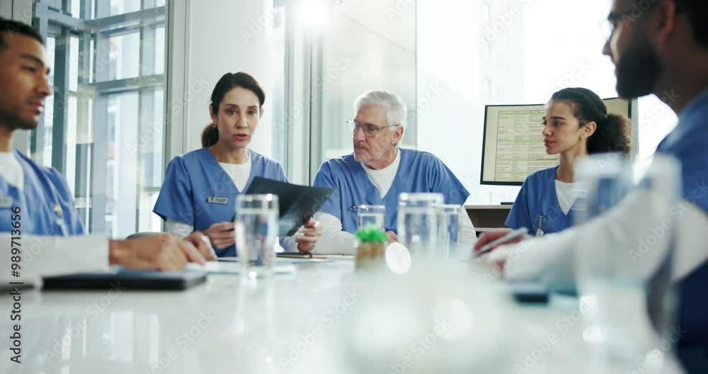 Planning, healthcare and teamwork with people in hospital boardroom for ...