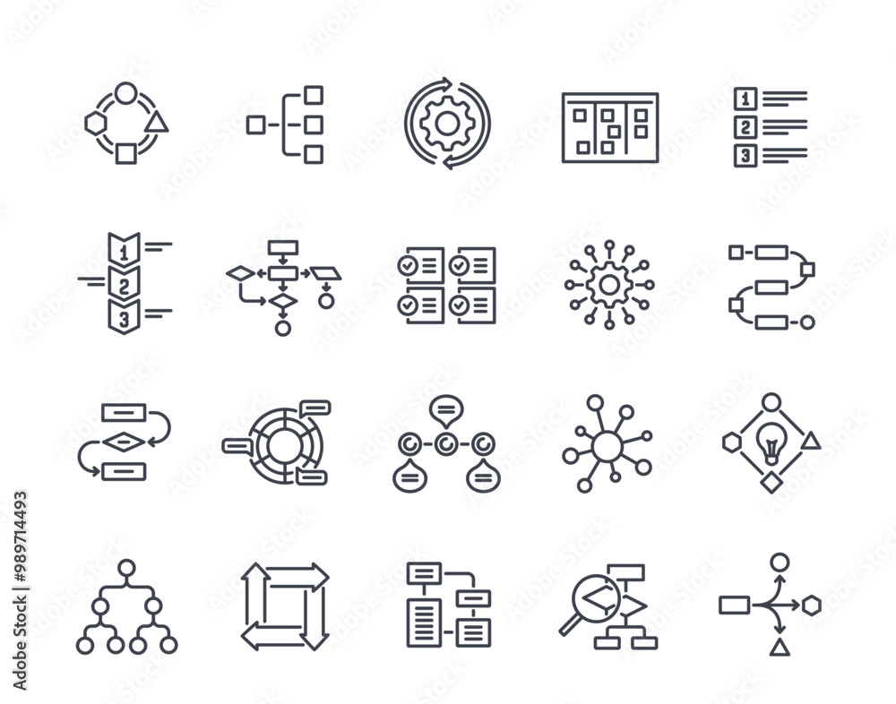 Set Of Workflow Related Line Icons Simple Symbols With Algorithm Strategy Processing And