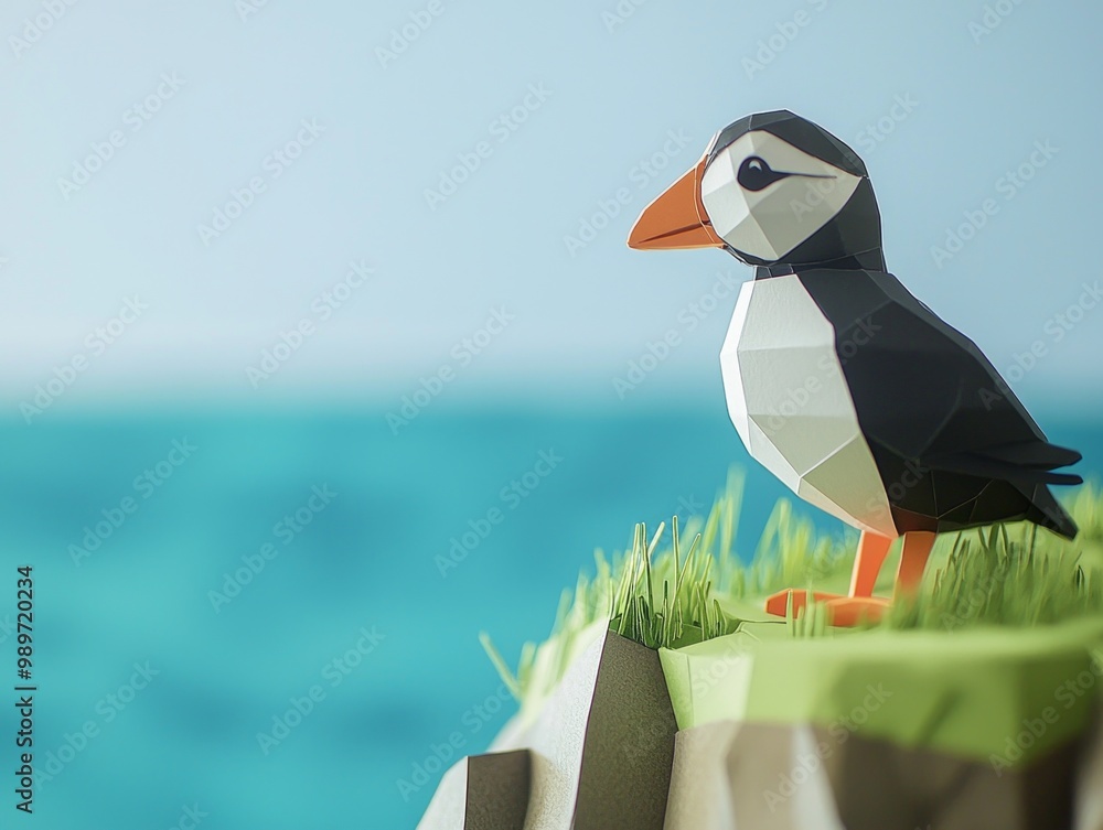 delightful puffin made of layered paper rests atop a grassy cliff ...