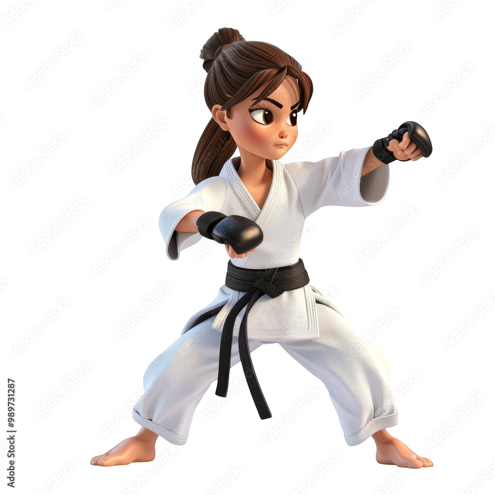 A cartoon girl in a white karate uniform with a black belt is ...