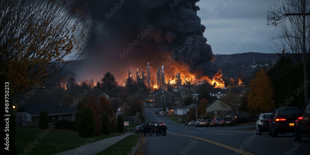 Chemical plant releasing toxic fumes air people evacuating panic ...