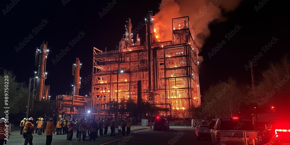 Chemical plant releasing toxic fumes air people evacuating panic ...