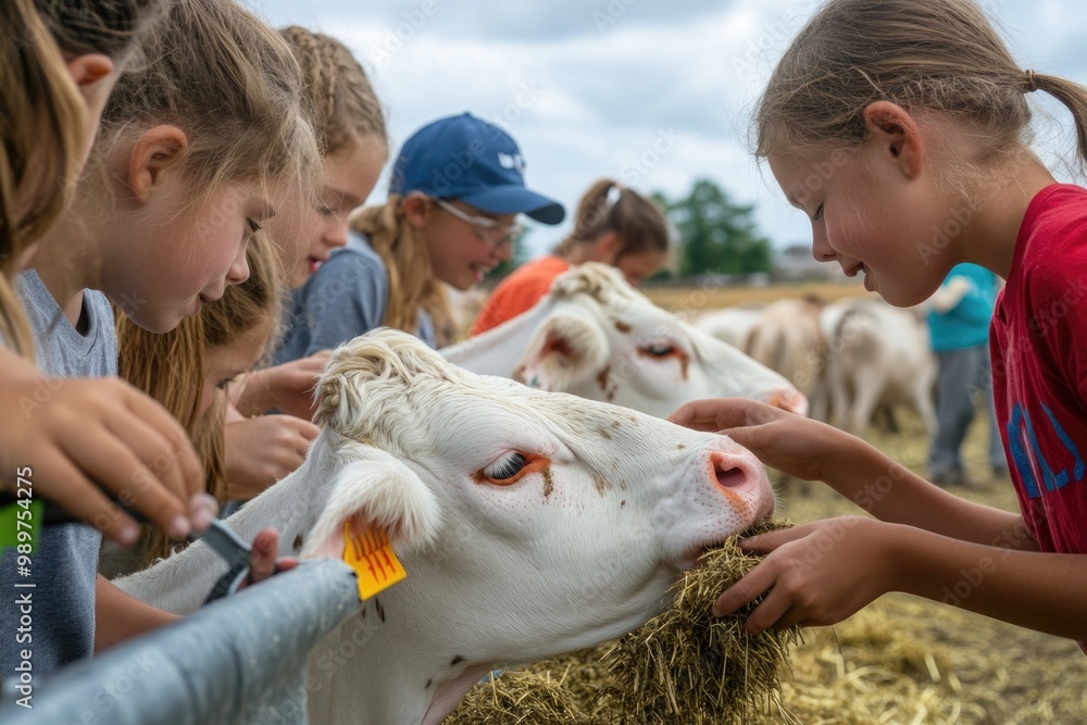 Students on a farm field trip, working together to feed animals and ...