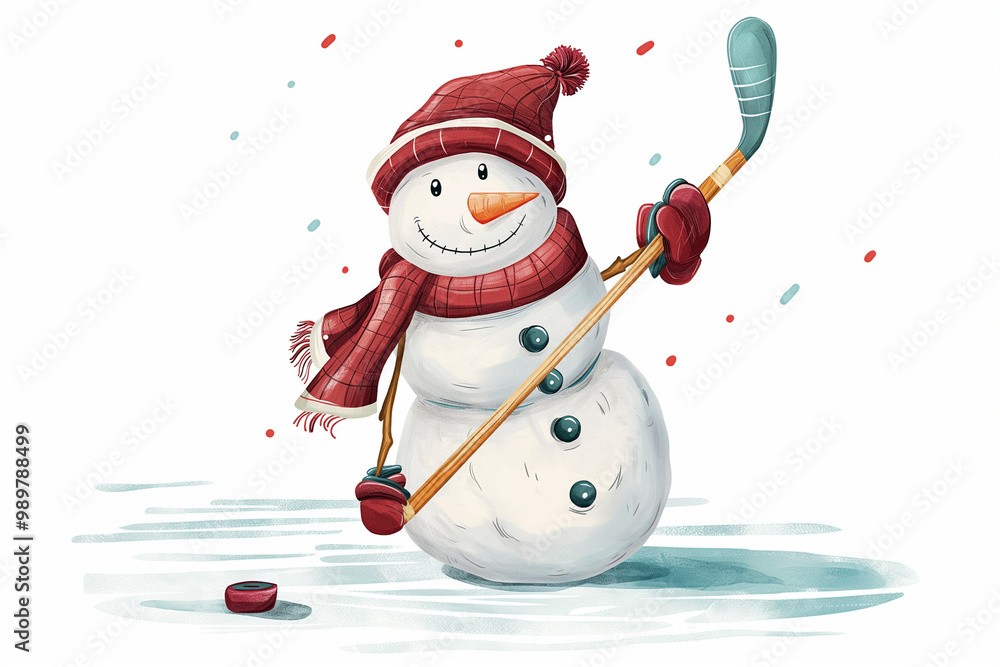 Snowman Playing Ice Hockey on a Frozen Rink, Wearing a Red Scarf and ...