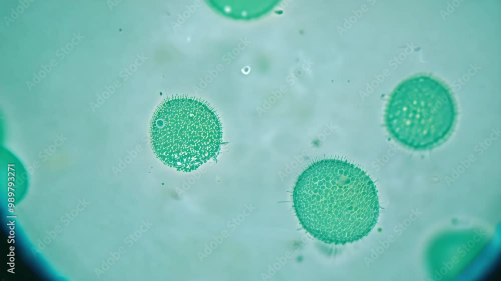 Protozoa seen under a microscope. Water plant leaf cells with ...