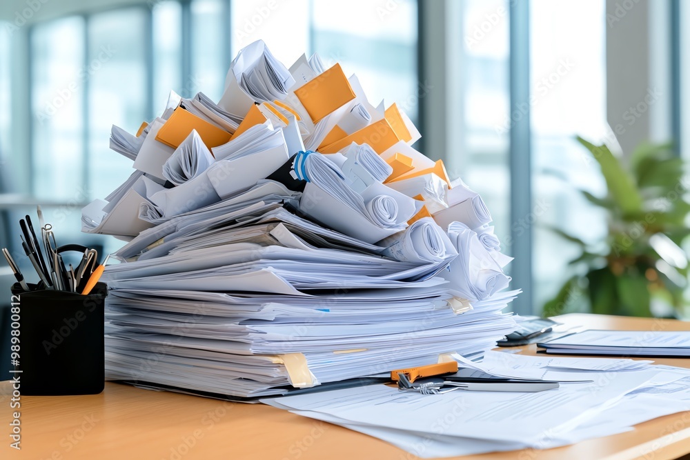A desk cluttered with paperwork and files, showing the fast pace of ...