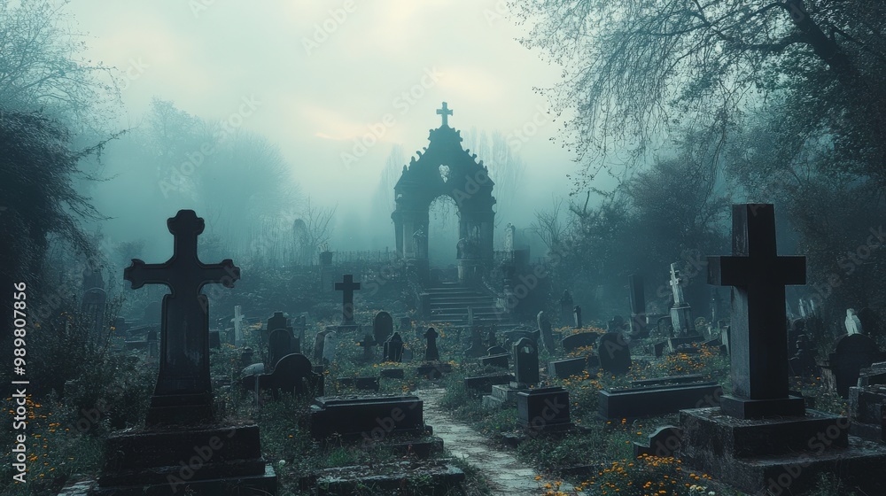 Foggy cemetery scene with ancient gravestones and eerie atmosphere. Stock Illustration | Adobe Stock