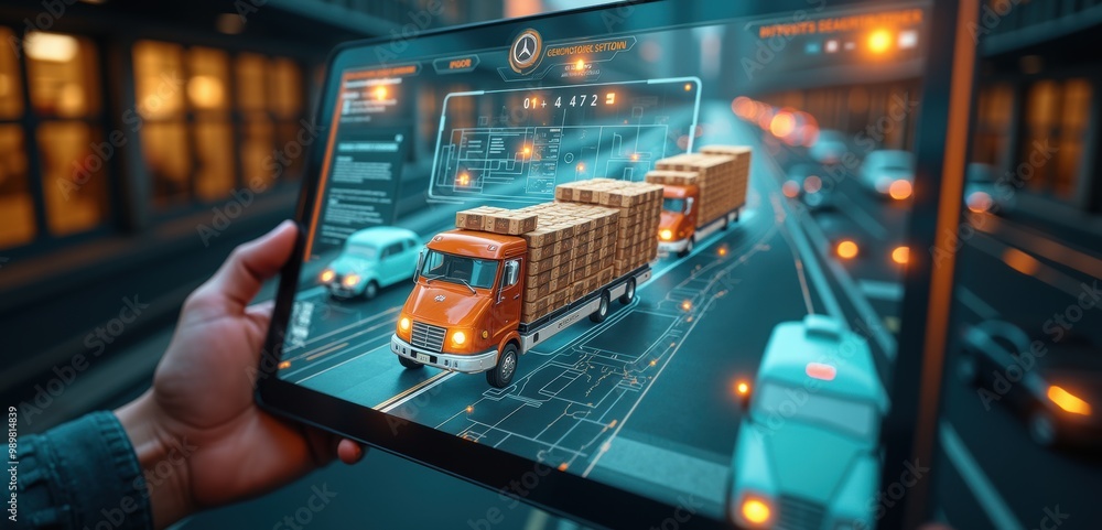 A person examines a digital interface showcasing truck logistics ...