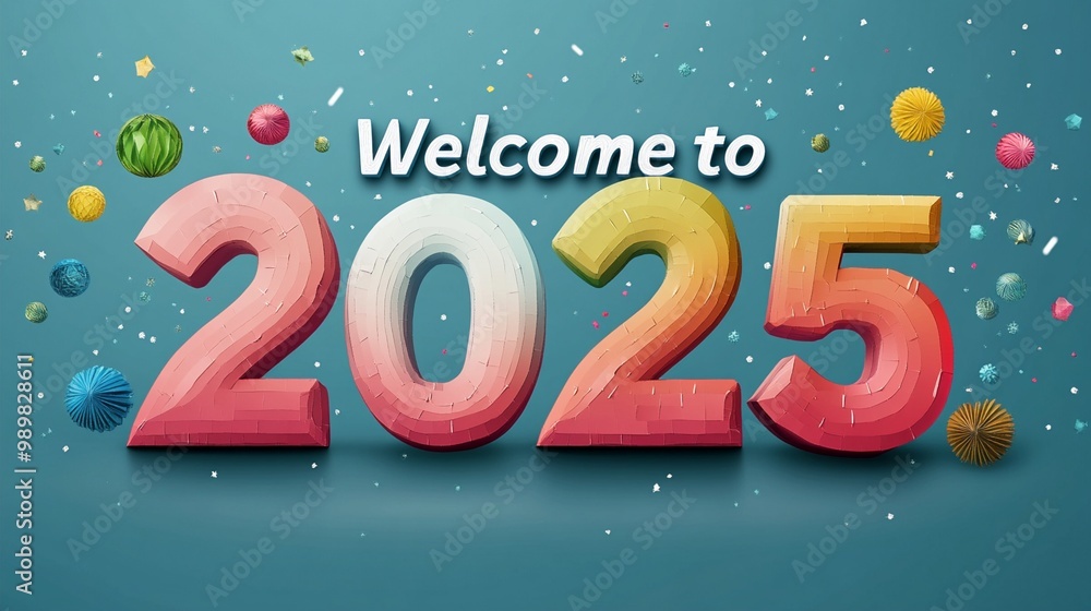 Vibrant 3D text welcomes the year 2025 with colorful numbers against a ...