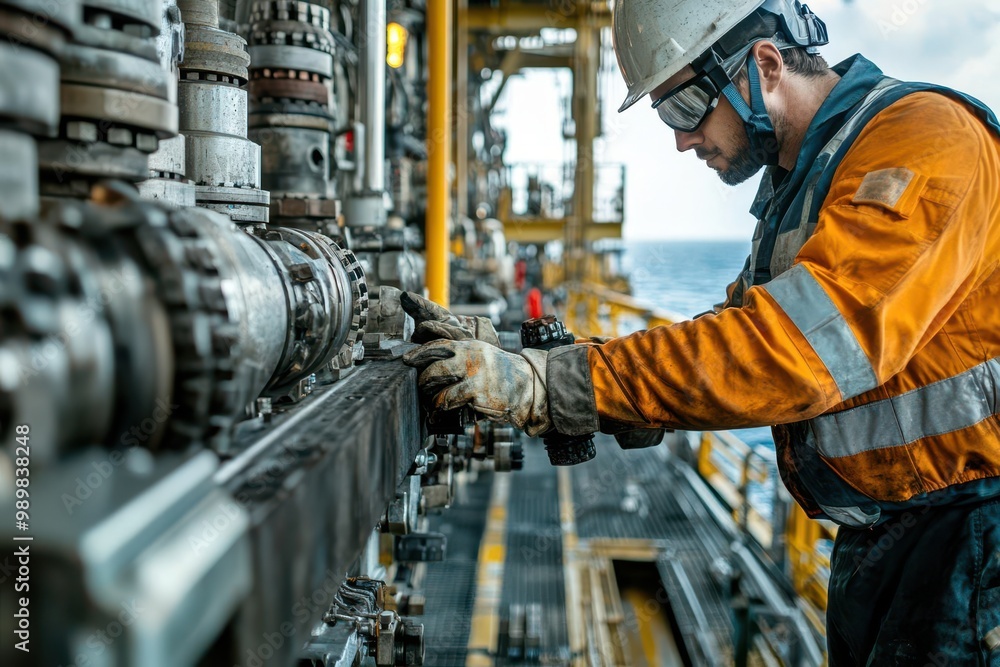 Offshore oil rig worker in safety gear operating heavy machinery on the ...