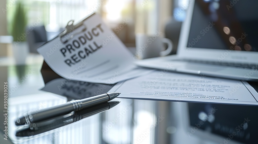 Formal product recall notification letter placed on an office desk ...