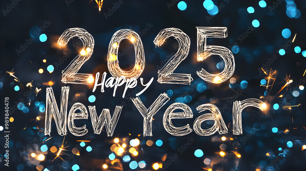 2025 outlined with thin lines, with Happy New Year centered inside the ...