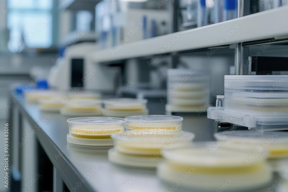 Epidemiology lab with virus culture samples growing in petri dishes ...