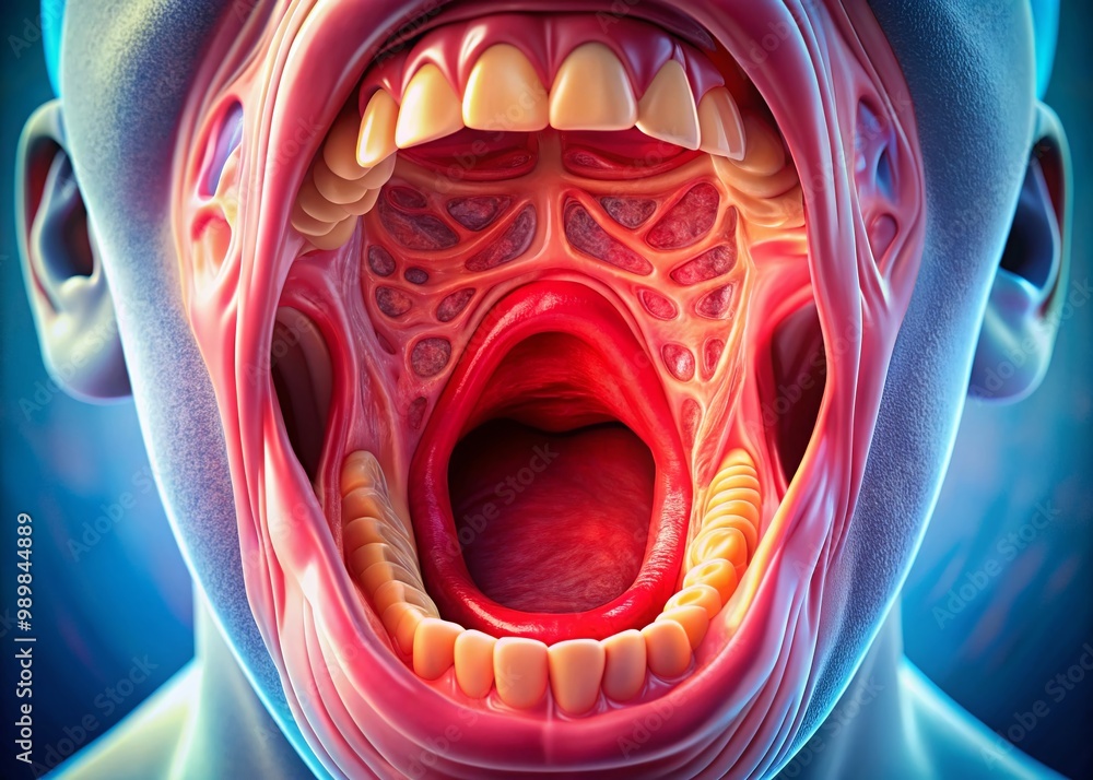 Anatomical close-up of a human throat showing the uvula and surrounding ...