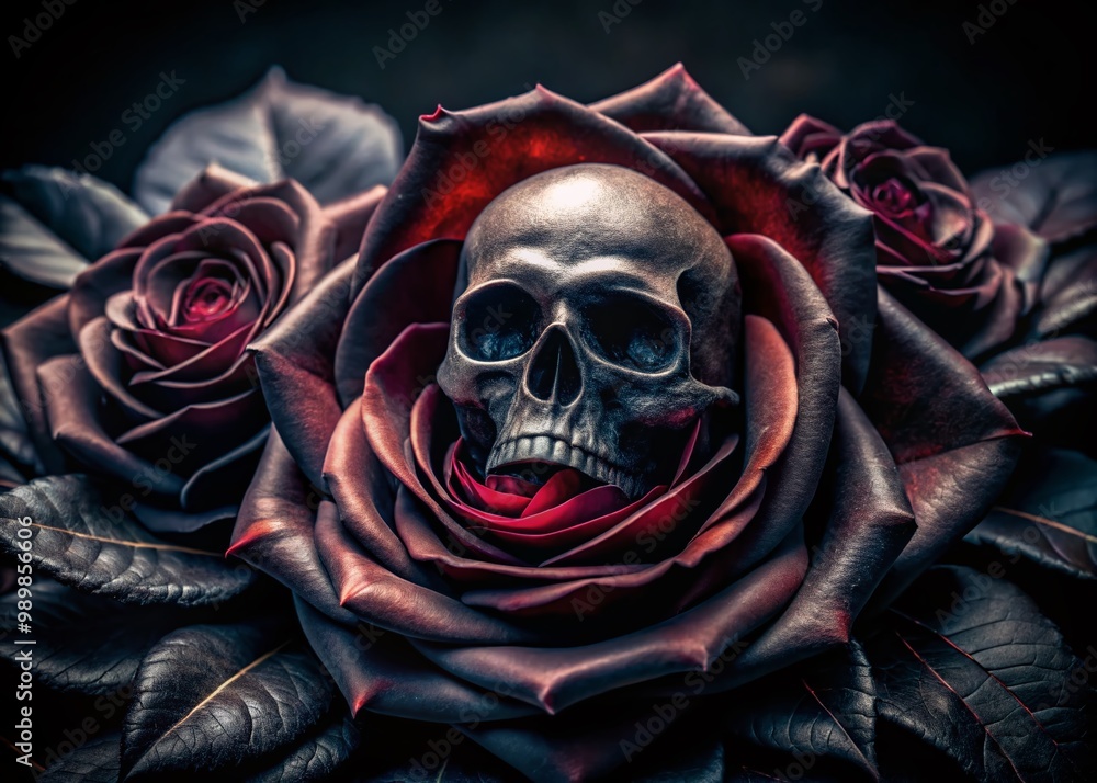 Black rose intertwined with a skull tattoo design showcasing dark ...