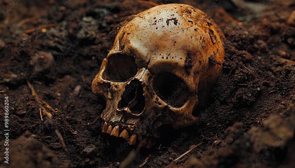 Lifelike skull representation in soil, highlighting themes of decay and ...