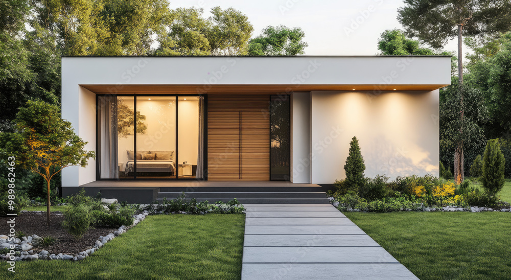 a simple, modern one-story bungalow house with a small garden and front ...