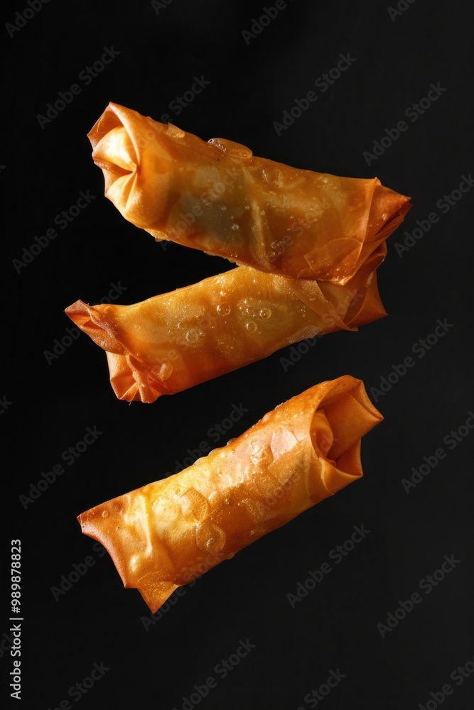 Golden fried spring rolls floating against a dark backdrop, showcasing ...