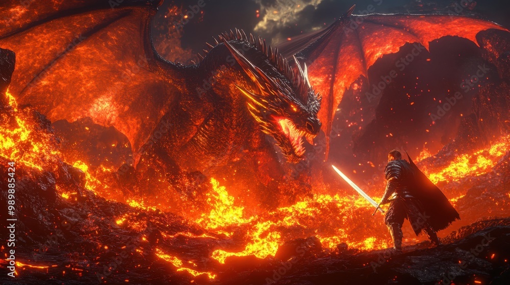 A dramatic digital image depicts a massive, fire-breathing dragon and a ...