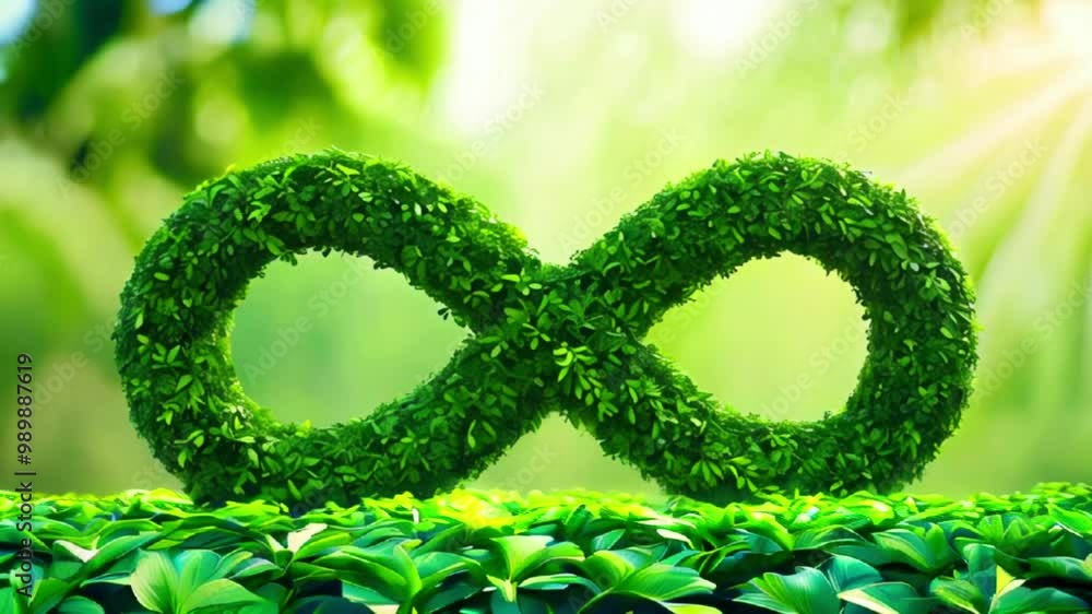 Green infinity symbol made from plants and leaves in a natural setting ...
