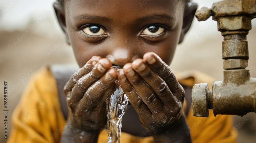 Sad African boy cupping his hands to drink water from a faucet ...
