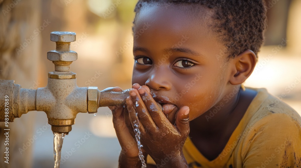 Sad African boy cupping his hands to drink water from a faucet ...