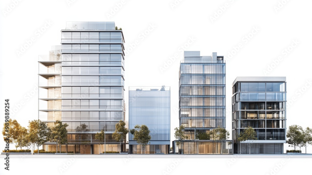 3D rendering of a modern office building complex that combines glass ...