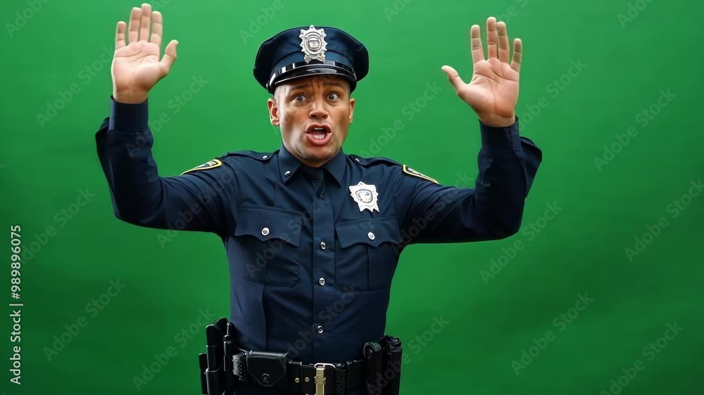 Police officer gestures with his hands against a green screen ...