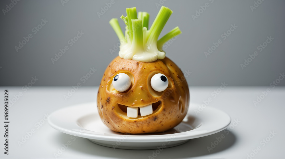 Unskinned baked potato on a white plate in front of a grey backdrop ...