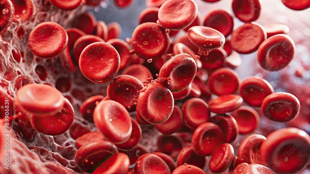 The image displays a close-up view of red blood cells, depicted with a ...