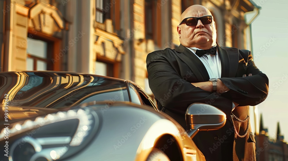Bald, fat old distinguished man in a business suit with his sleek ...
