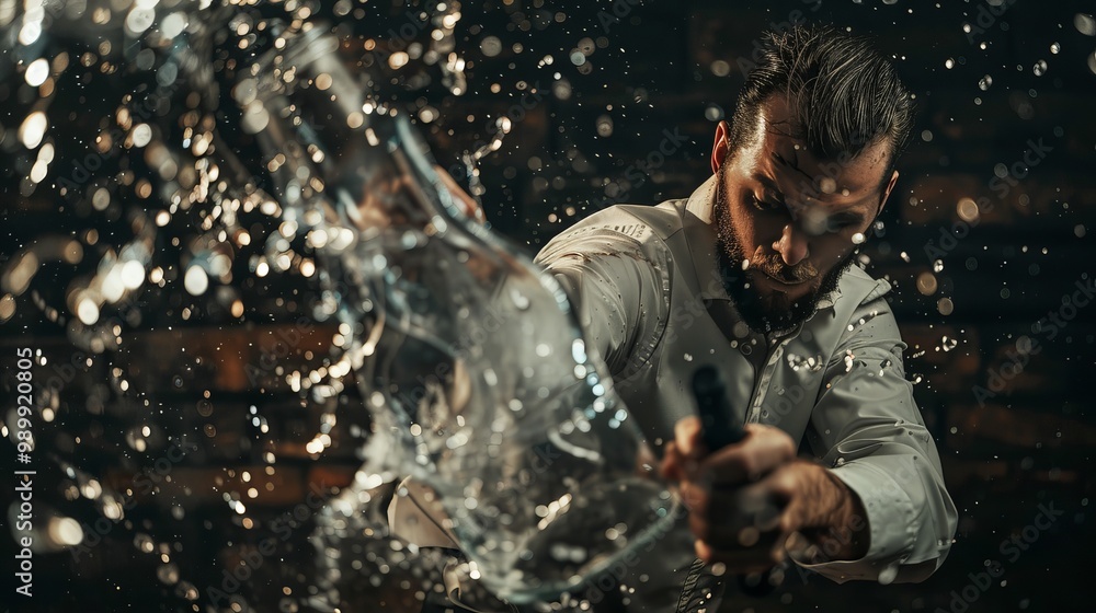 Angry man throwing a glass bottle, shattering it as water splashes ...