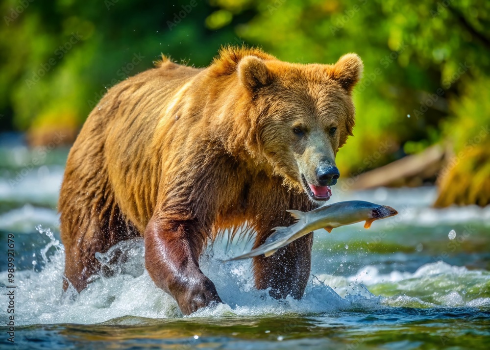 Grizzly Bear Catching Fish in Crystal Clear River During Summer in the ...